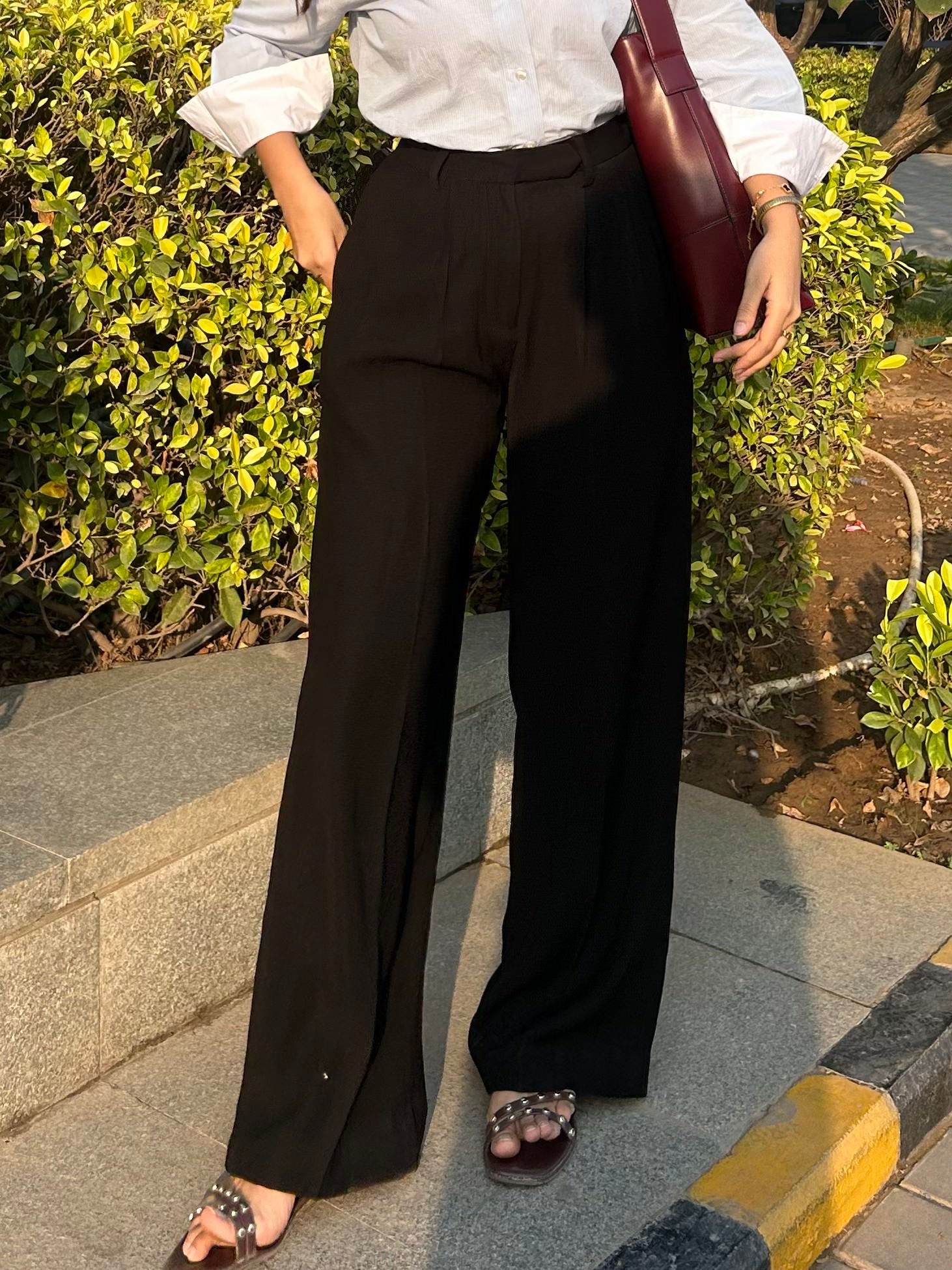 Jet Black Tailored Trousers for Women | High-Waisted Wide-Leg Pants ...